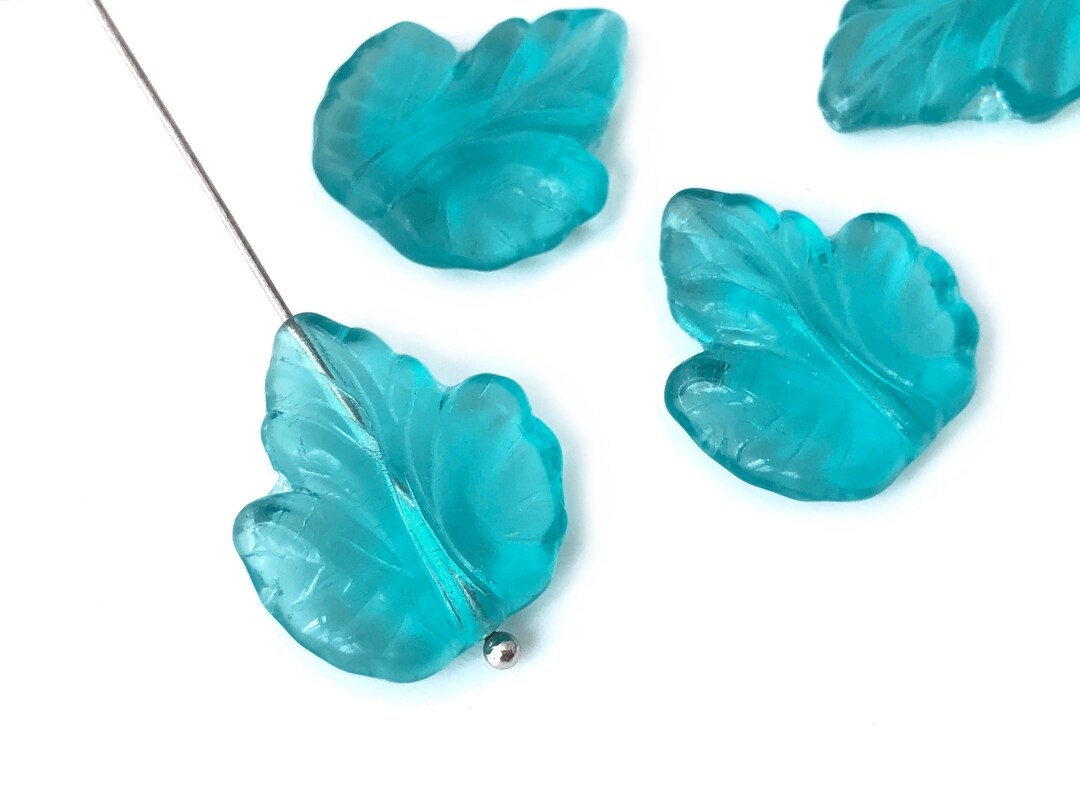 6 Blue Glass Leaf Bead, Large Leaf Pendant, Czech Glass Beads, Nature ...
