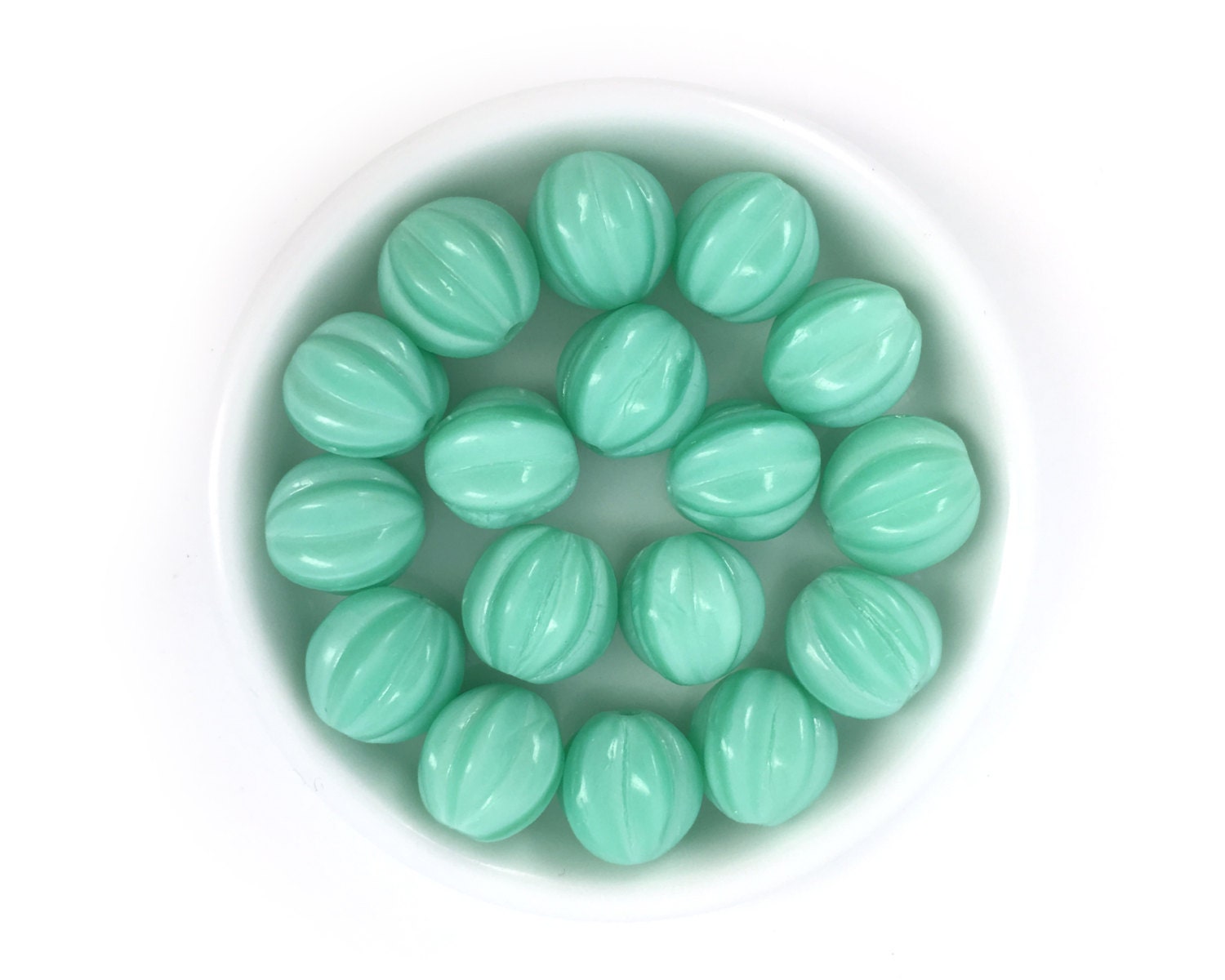 12 Turquoise Green Melon Bead, 10mm Round Spacer, Czech Glass Bead ...