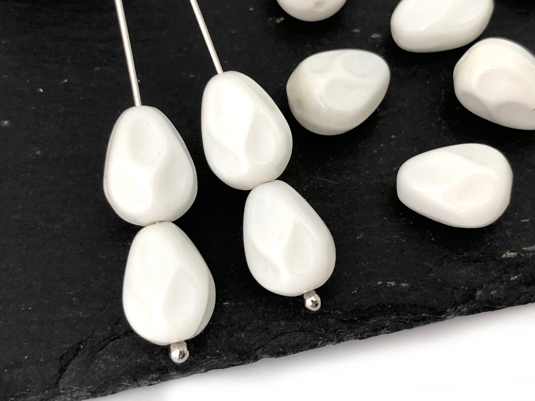 12 White Teardrop Bead, Czech Glass Bead, Flat Drop, Pressed Bead, DIY ...