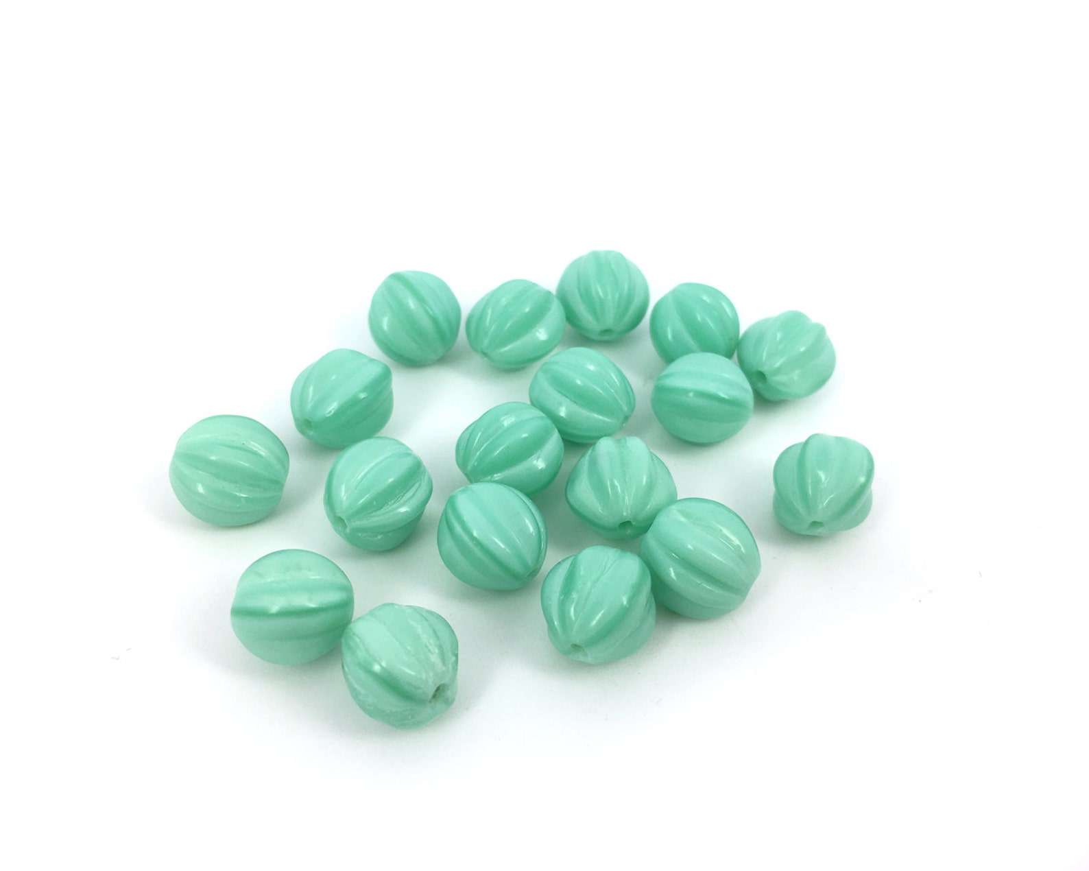 12 Turquoise Green Melon Bead, 10mm Round Spacer, Czech Glass Bead ...