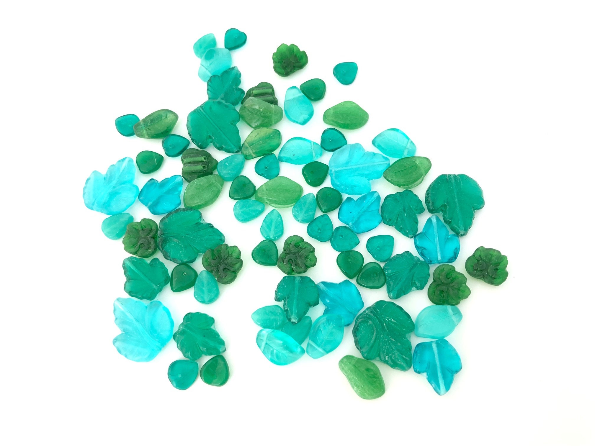 60g Czech Glass Leaf Bead Mix, Green Leaf Bead, Leaf Charm Bead ...