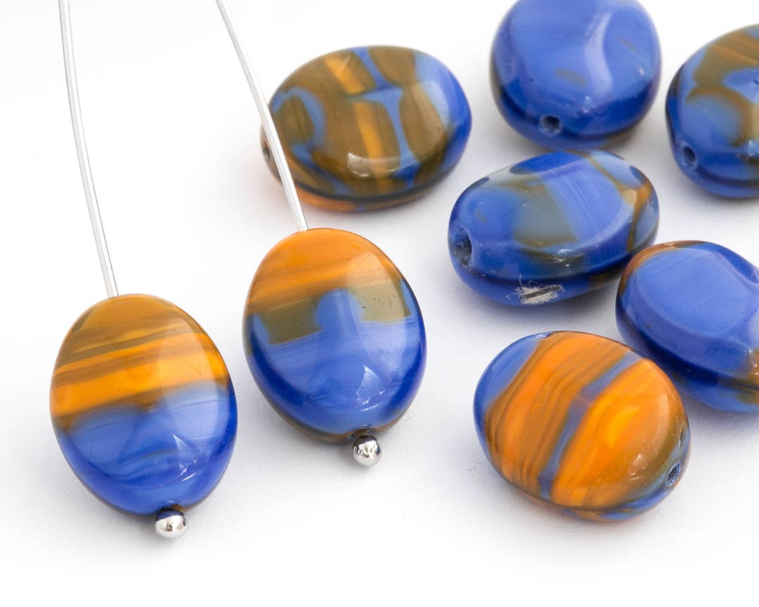 Blue Brown Oval Glass Bead, Two Tone Bead, Flat Oval, Czech Glass Bead ...