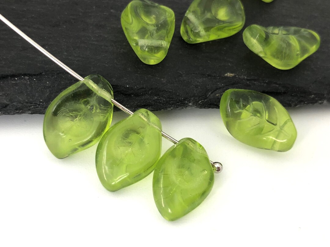 Peridot Green Glass Leaf Bead, Vintage Czech Leaf Charm Bead With ...