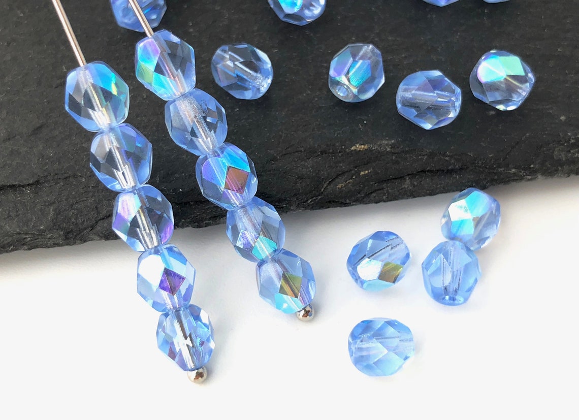50pc 6mm Saphhire Blue AB Fire Polished Bead, Czech Glass Bead, Round ...
