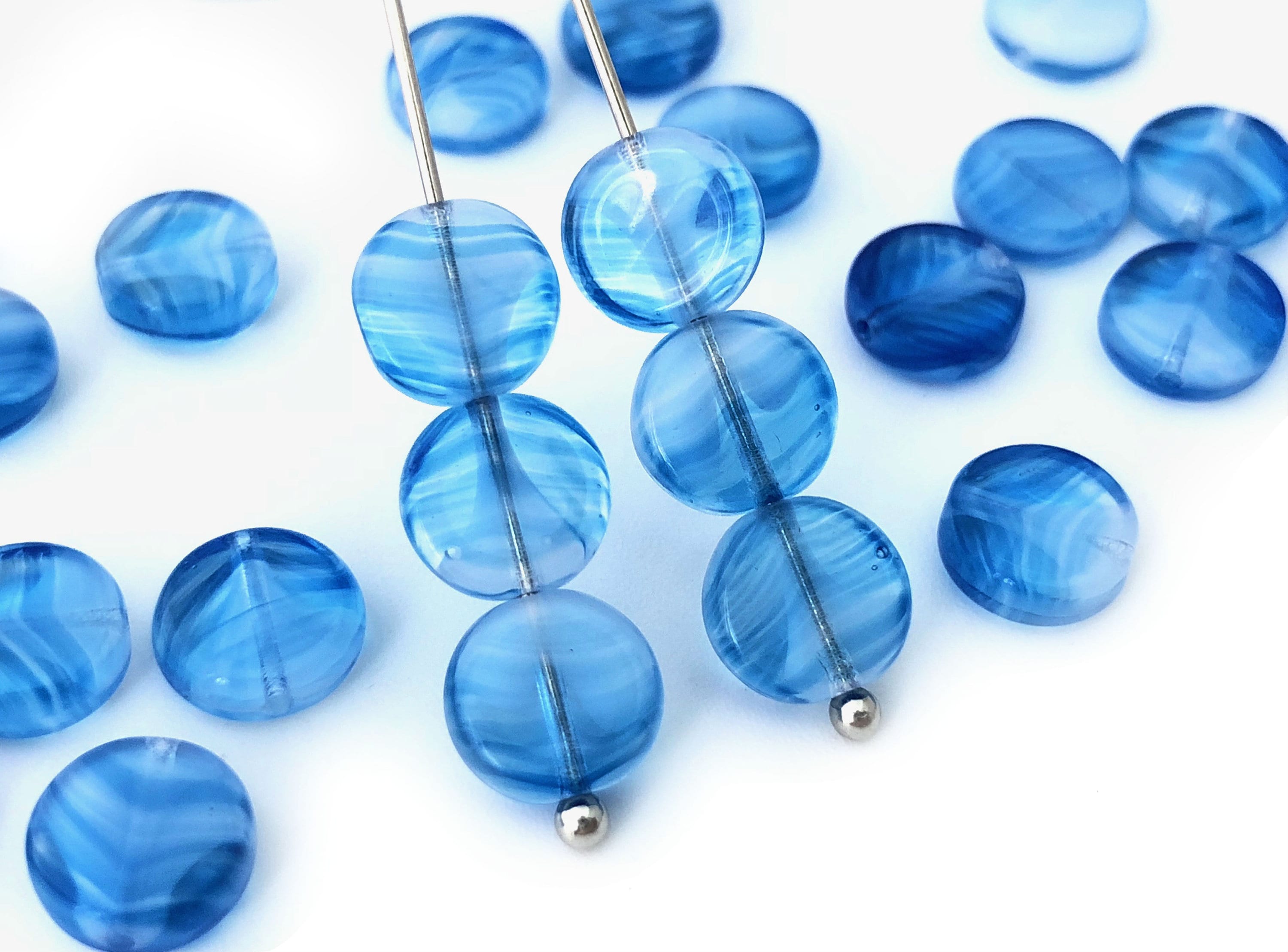 30 Flat Coin Bead, Swirl Bead, Two Tone Blue Glass Bead, 8mm Spacer ...