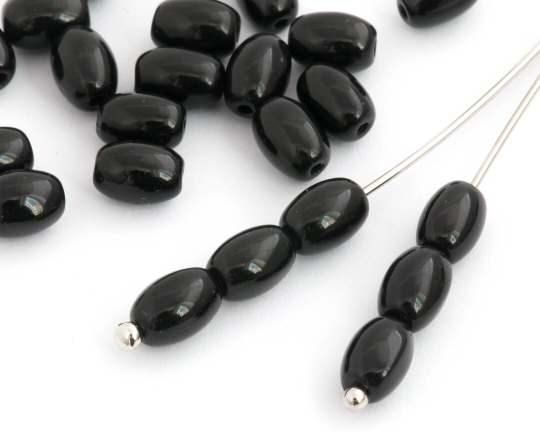 Jet Black Oval Glass Bead, Barrel Bead, Glass Spacer Bead, Czech Glass ...