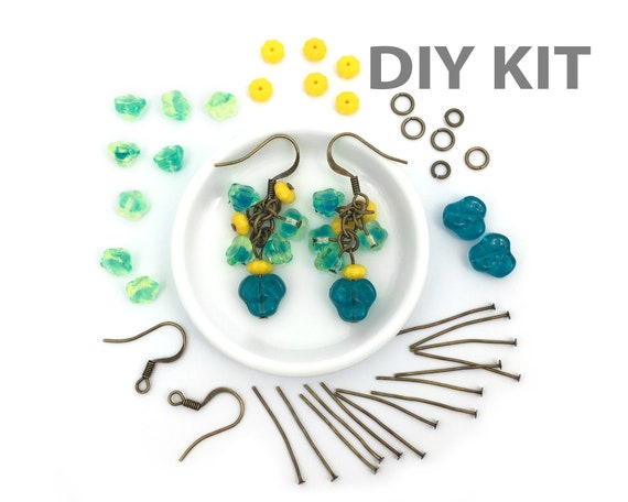 DIY Earring Kit Jewelry Making Kit DIY Craft Green Flower Dangle Earring Summer Earring Hook Earring Antique Bronze Earring EP011 Etsy