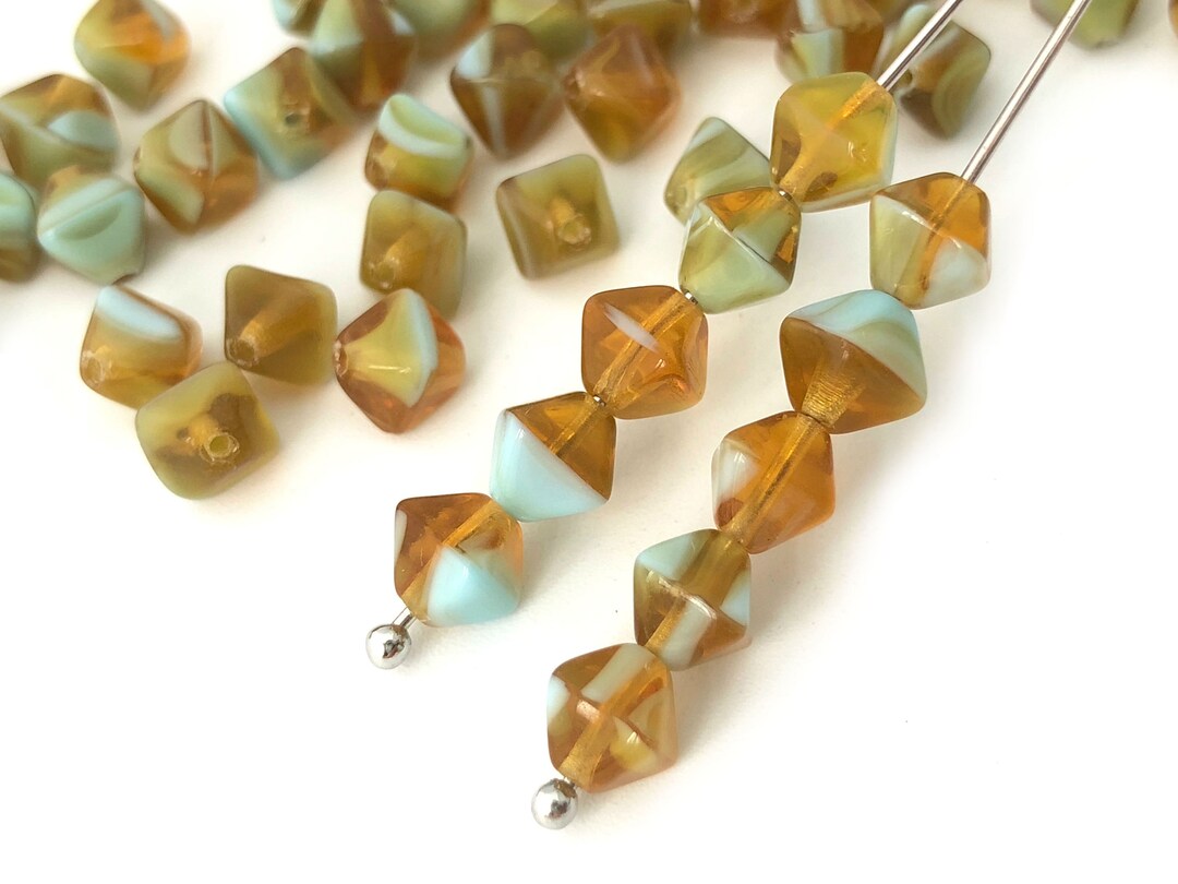 6mm Czech Glass Bicone Bead Brown Green Swirl Vintage Two Tone Bead ...