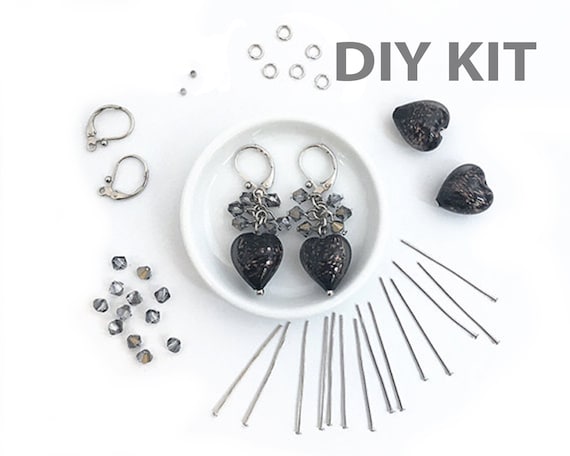 DIY Earring Kit Jewelry DIY Kit Beading Kit Black Heart | Etsy
