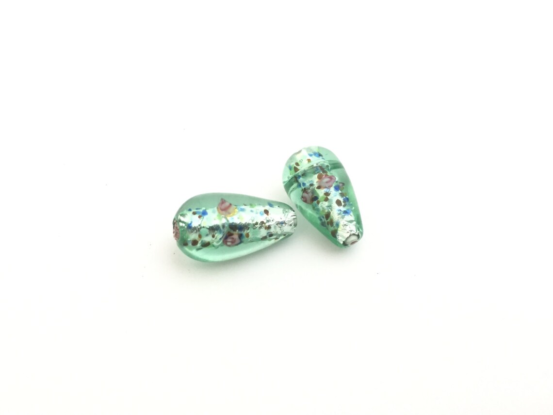 2 Vintage Lampwork Beads, Green Teardrop Beads, Czech Glass Beads ...