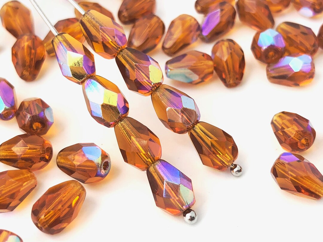 6x8 Czech Faceted Teardrop Brown AB, Fire Polished, Small Drop Bead ...