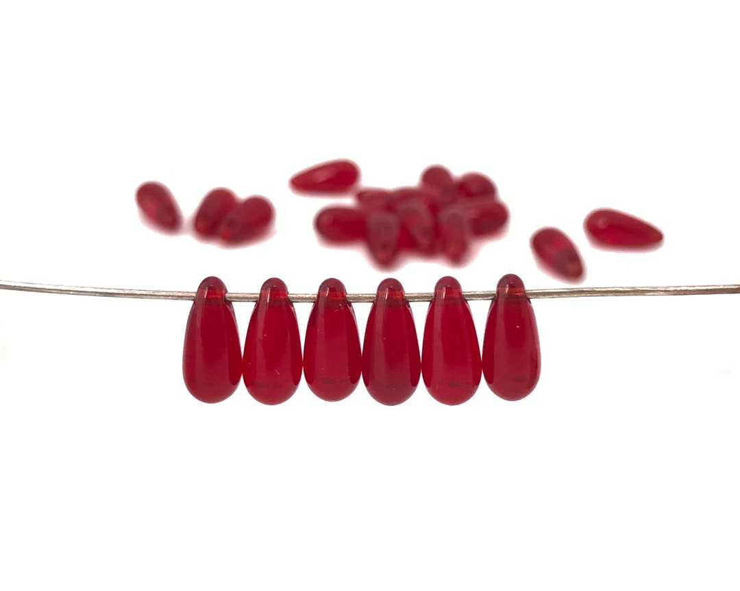 30 Dark Red Glass Teardrop, 5x10 Drop Bead, Curtain Bead, Czech Bead ...