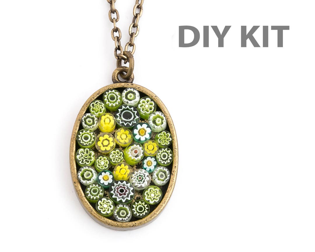 DIY Necklace Kit, Handmade Murrini Necklace, Green Millifiori Necklace ...