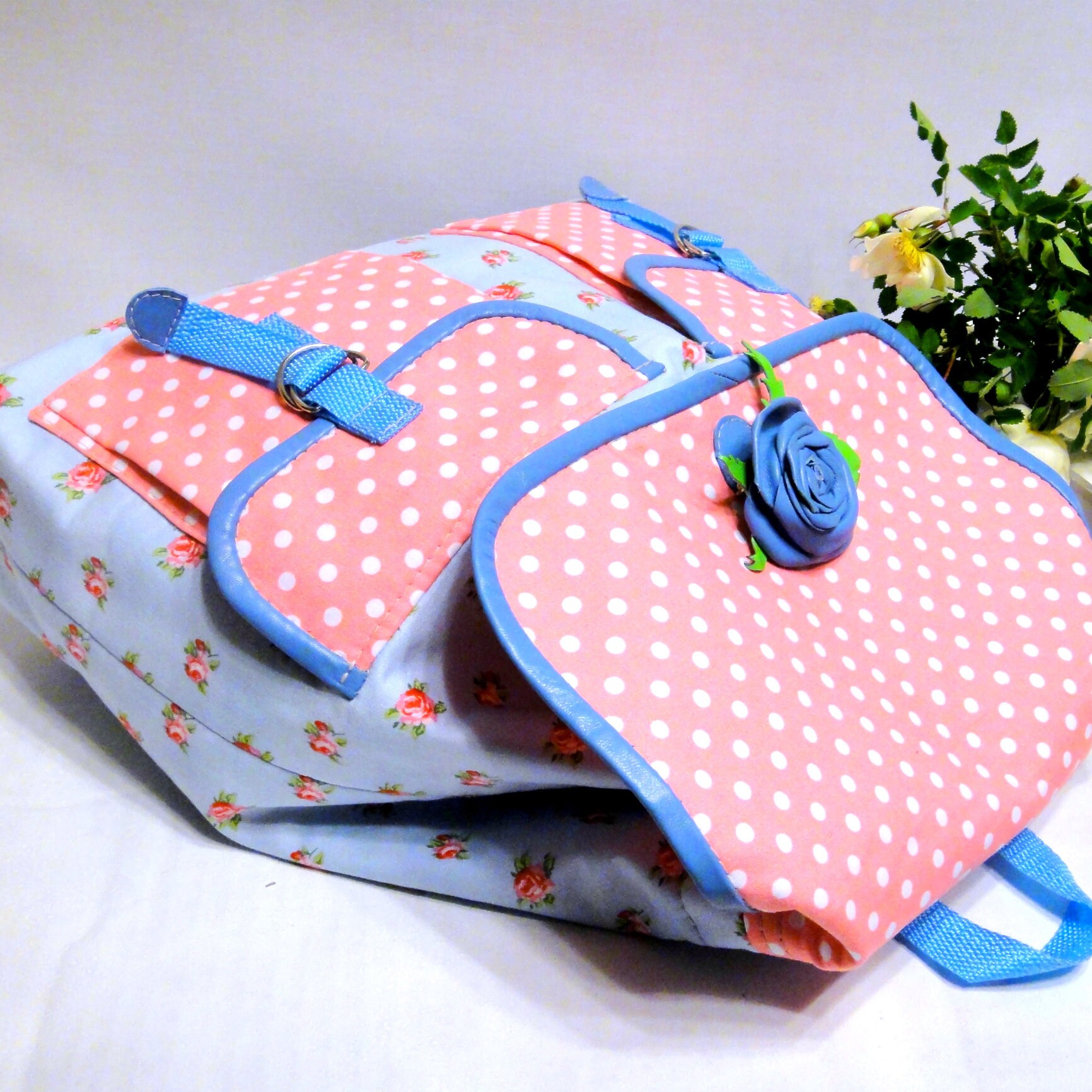 Cottagecore backpack with pockets in pink / blue cotton | Etsy