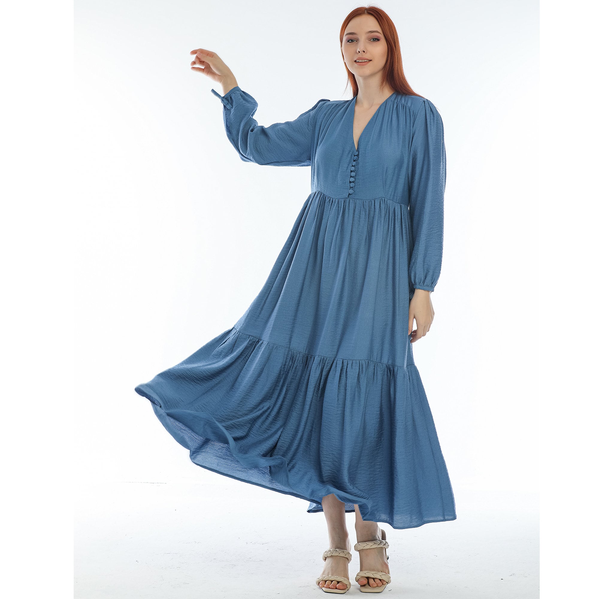 Tiered Maxi Dress Sewing Pattern, Long Sleeve V-neck Dress PDF, Flowing ...