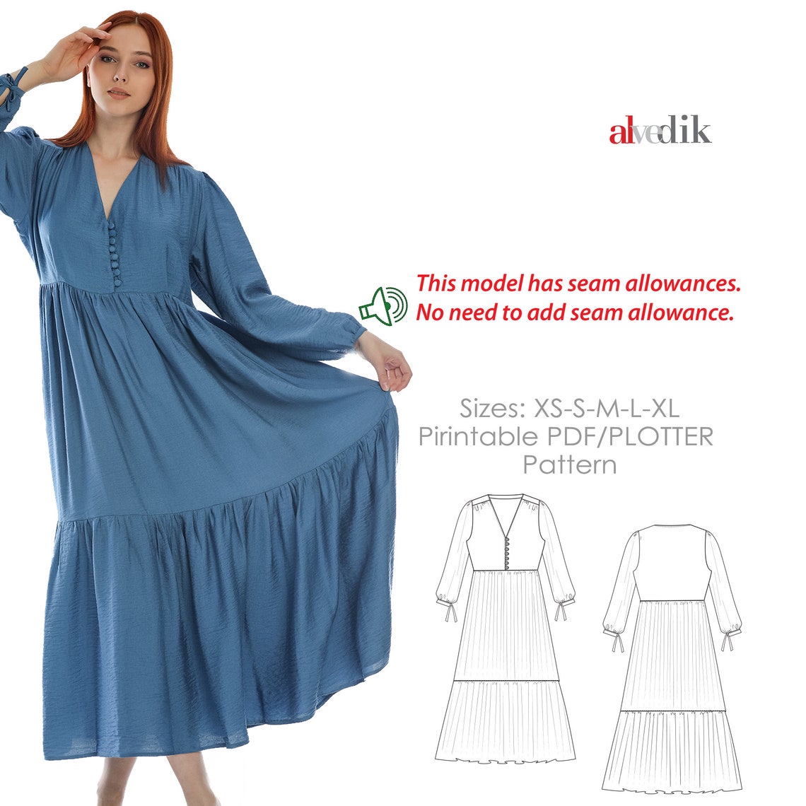Tiered Maxi Dress Sewing Pattern, Long Sleeve V-neck Dress PDF, Flowing ...