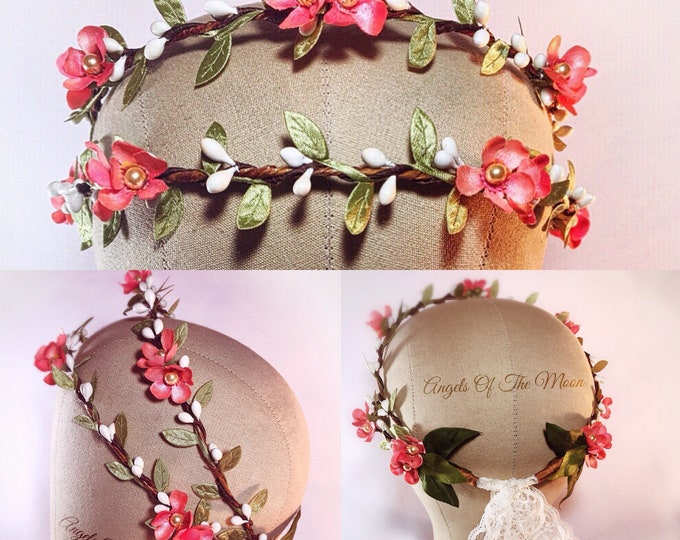 Pink Flower Crown, Peach Coral Flower Headpiece, Bridal Crown, Leaf ...