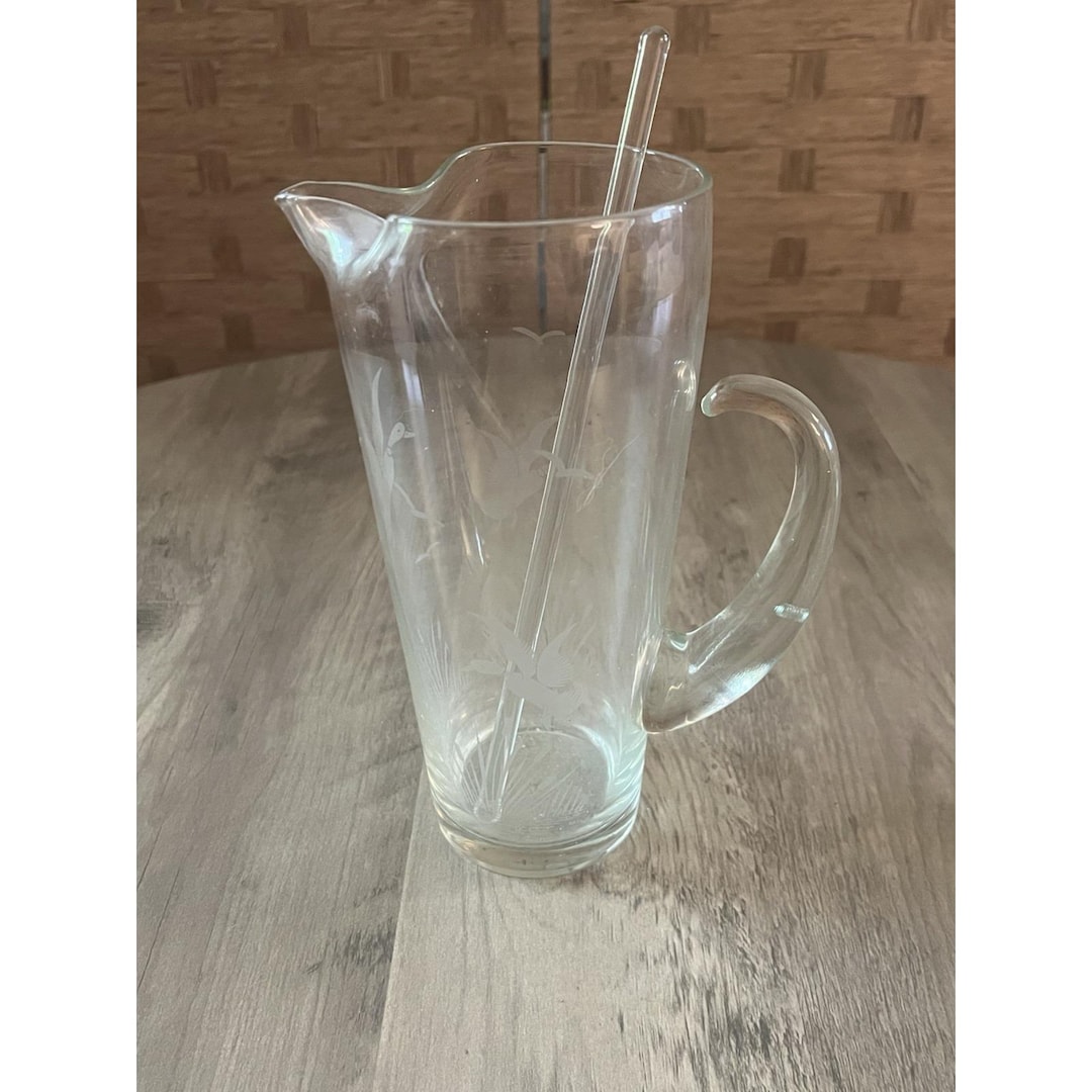 Vintage Glass Cocktail Pitcher & Stirrer Etched Geese Mid-century MCM ...