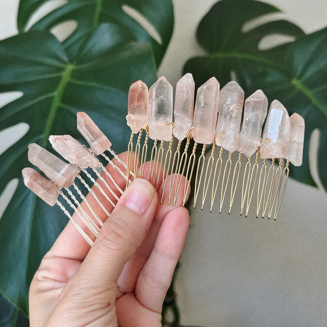 Rose Crystal Quartz Comb, Pink Mystic Quartz Comb, Crystal Quartz Bun ...