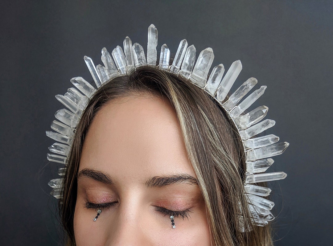Short Spiked Crystal Halo Crown raw Clear Crystal Quartz Halo Crown ...
