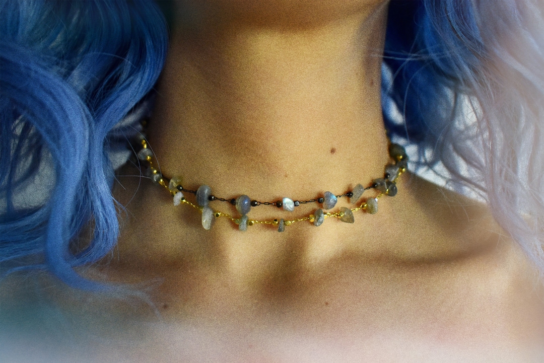 Labradorite Gold and Black Choker, Dainty Choker, Delicate Layering ...