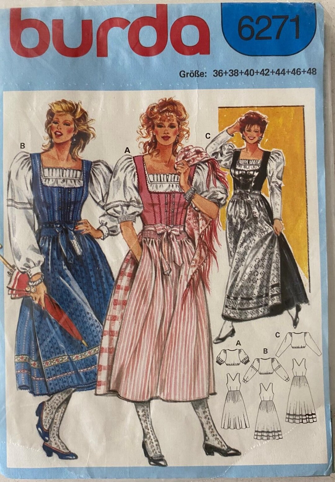 New Uncut Burda 6271 Sewing Pattern German Dirndl Gown Dress Costume ...