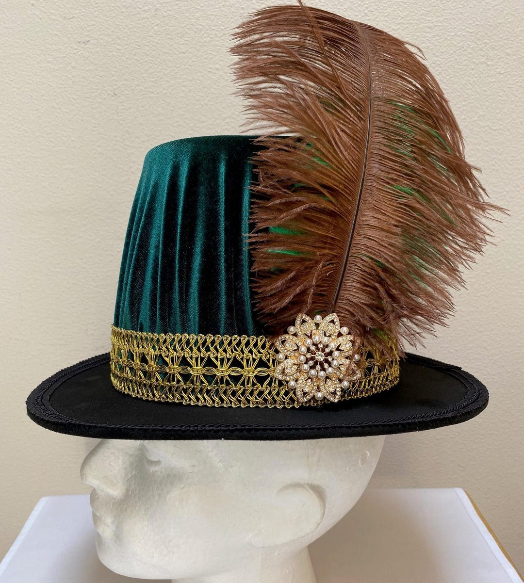 New Renaissance Medieval Victorian Colonial Men's Green Velvet Tall Hat ...