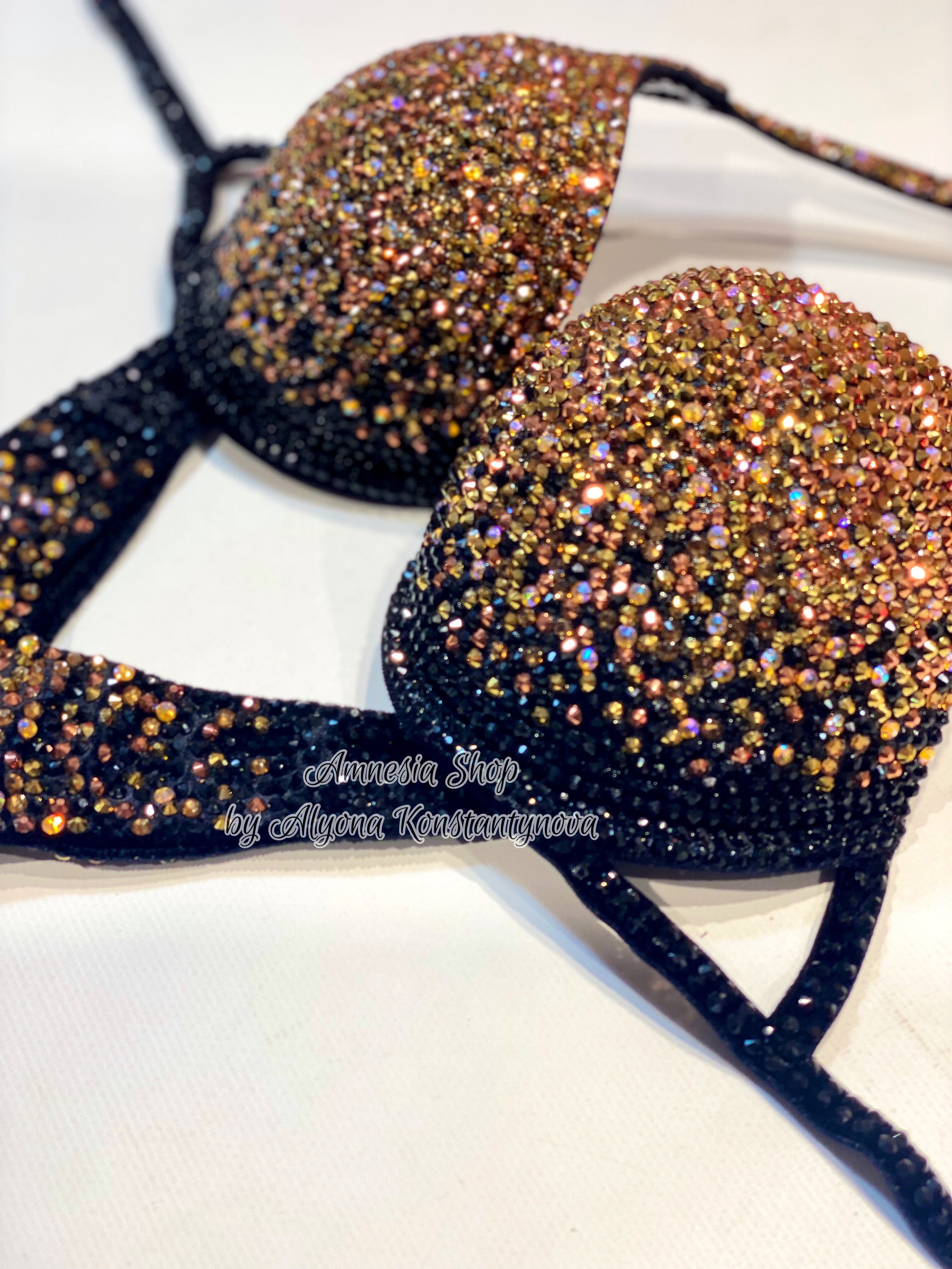 Competition Bikini black Gold Rhinestone Fitness - Etsy