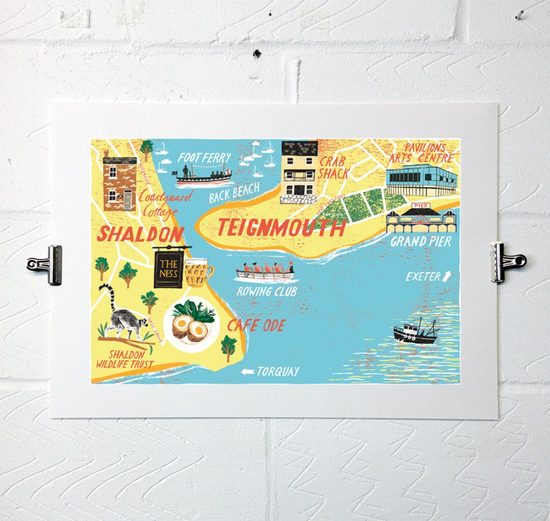 Teignmouth Devon Illustrated Map A3 Print by Illustrator Tom Jay - Etsy