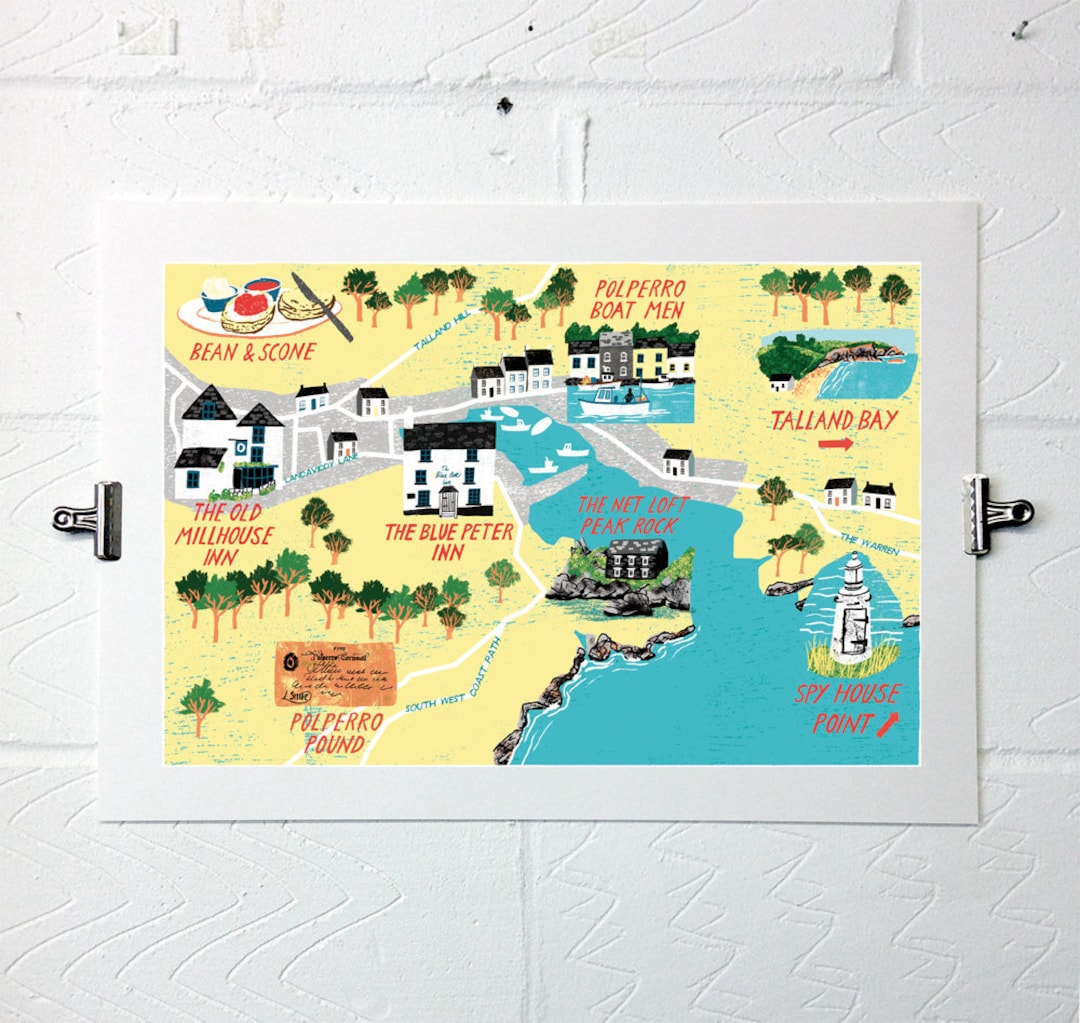 Polperro Illustrated Map A3 Print by Illustrator Tom Jay - Etsy