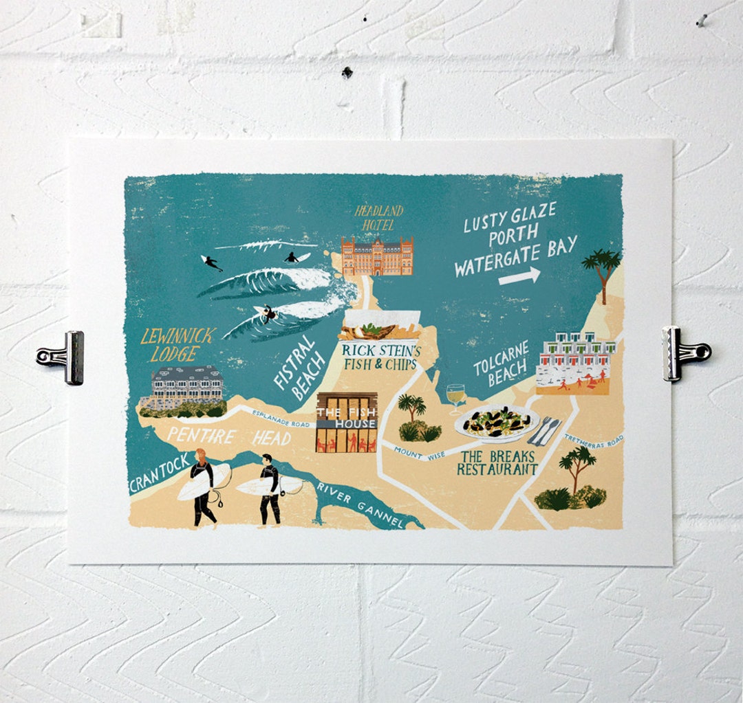 Newquay, Cornwall Illustrated Map A3 Print by Illustrator Tom Jay - Etsy
