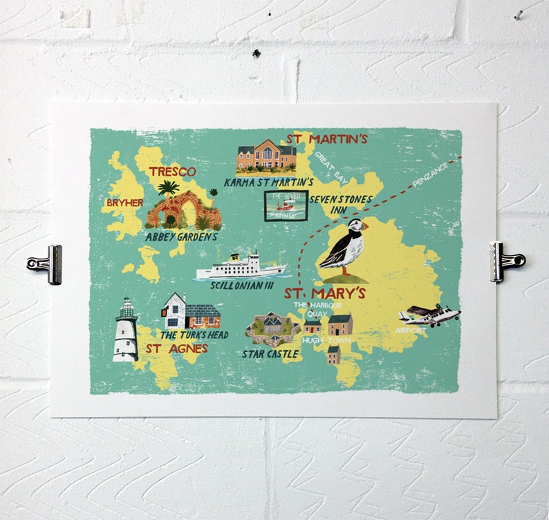 Isles of Scilly Illustrated Map A3 Print by Illustrator Tom Jay - Etsy