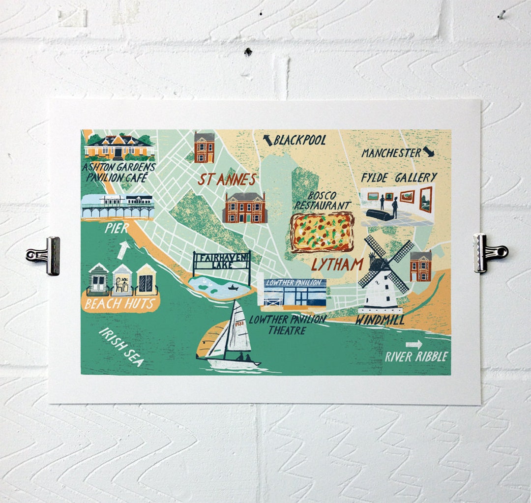Lytham Lancashire Illustrated Map A3 Print by Illustrator Tom Jay - Etsy