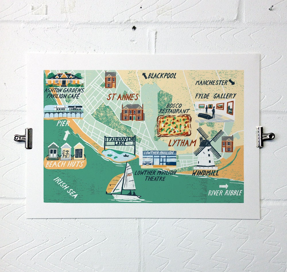 Lytham Lancashire Illustrated Map A3 Print by Illustrator Tom Jay - Etsy