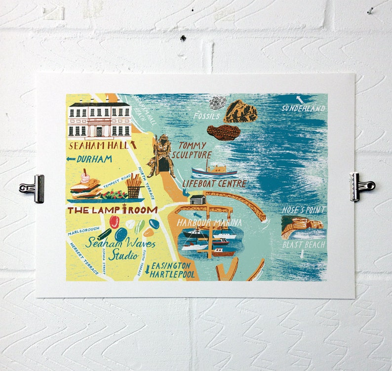 Seaham Illustrated Map A3 Print by Illustrator Tom Jay - Etsy