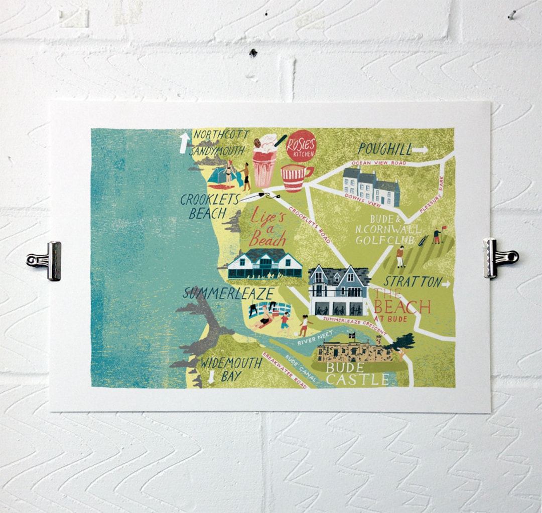 Bude Illustrated Map A3 Print by Illustrator Tom Jay - Etsy