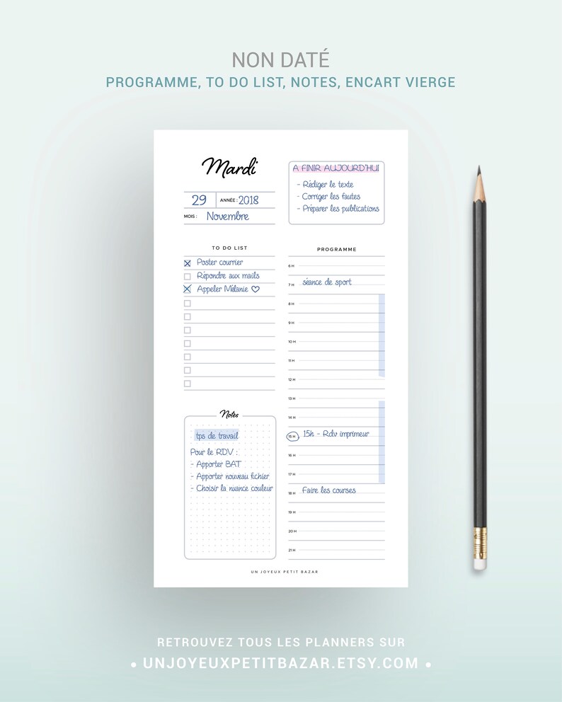 Planning journalier à imprimer pour recharge planner et agenda au ...