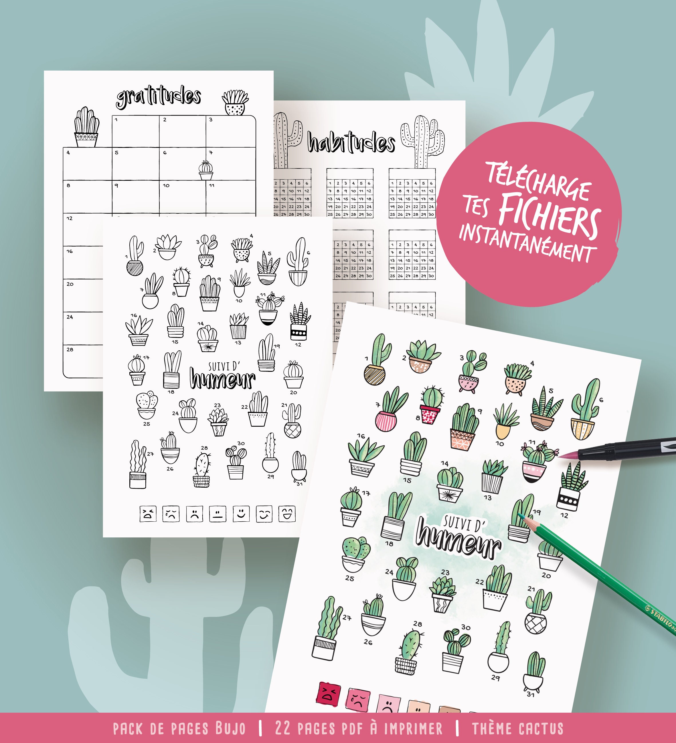 Printable Illustrated Pages in French on the Theme of Cacti to Color ...