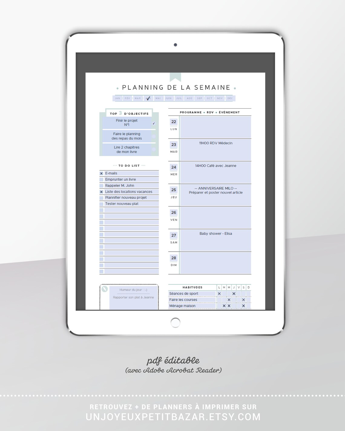 Planner semainier non daté à imprimer, PDF éditable pour recharge ...