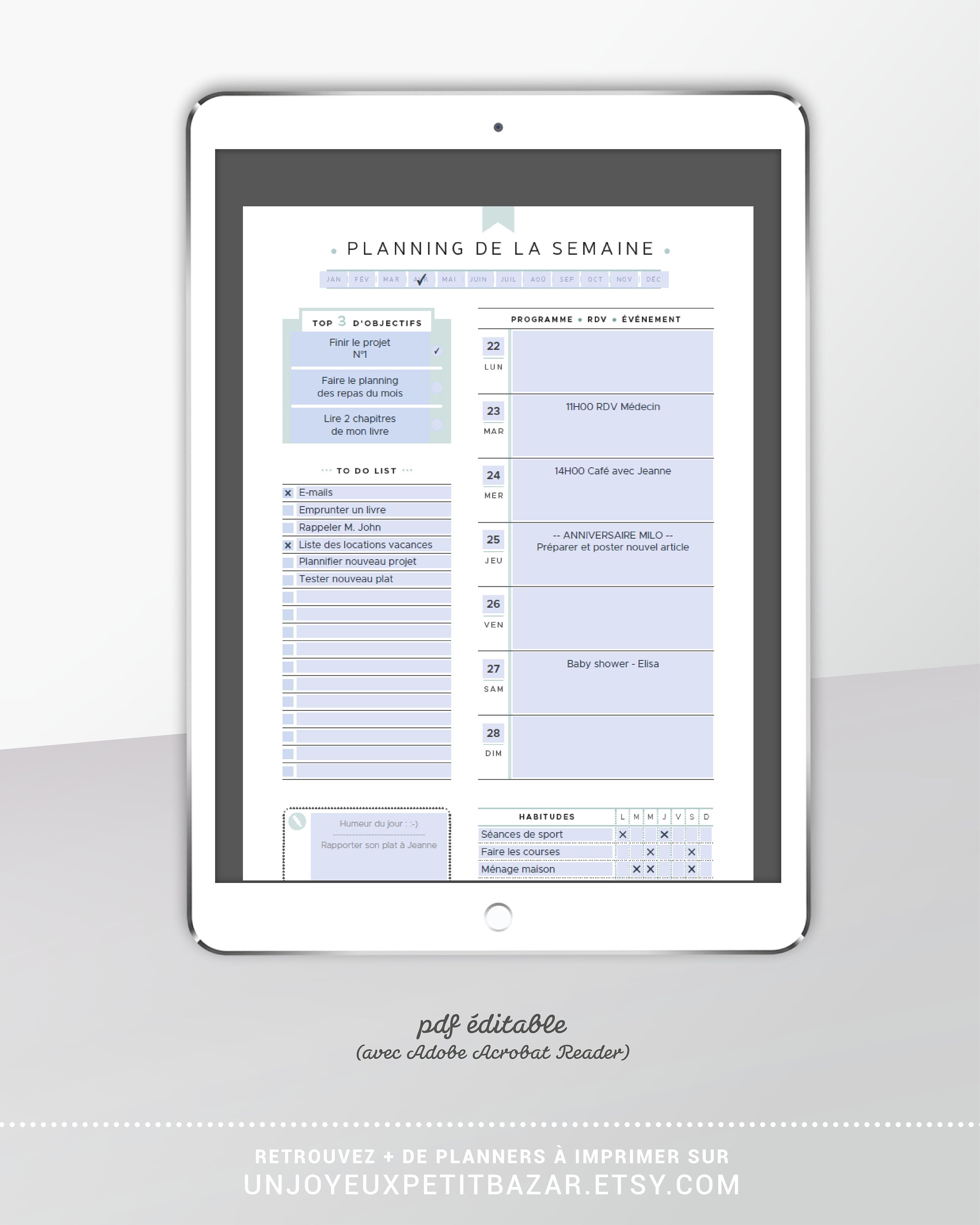 Planner semainier non daté à imprimer, PDF éditable pour recharge ...