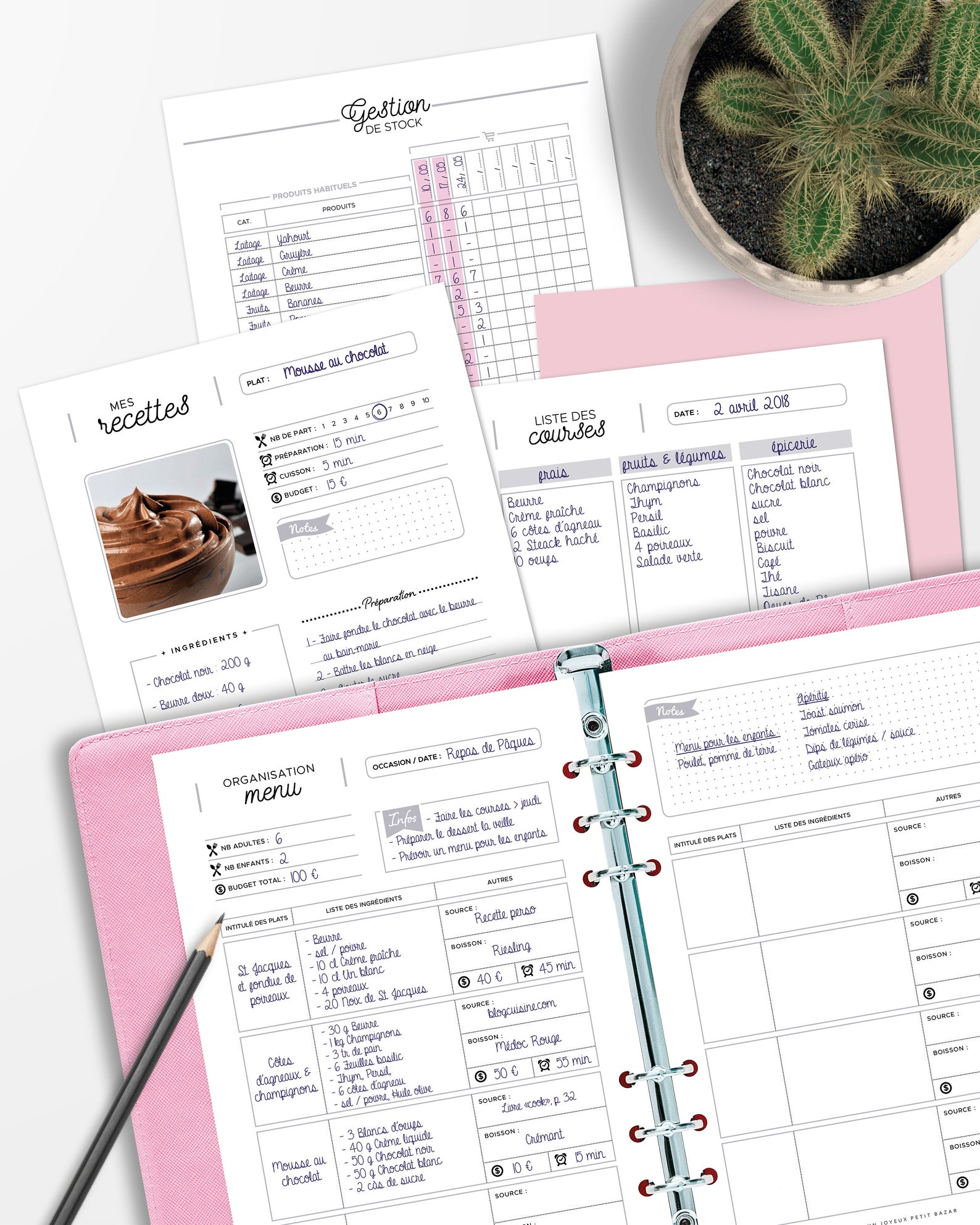 Planner menu imprimable pour gérer les planning repas, la liste courses ...