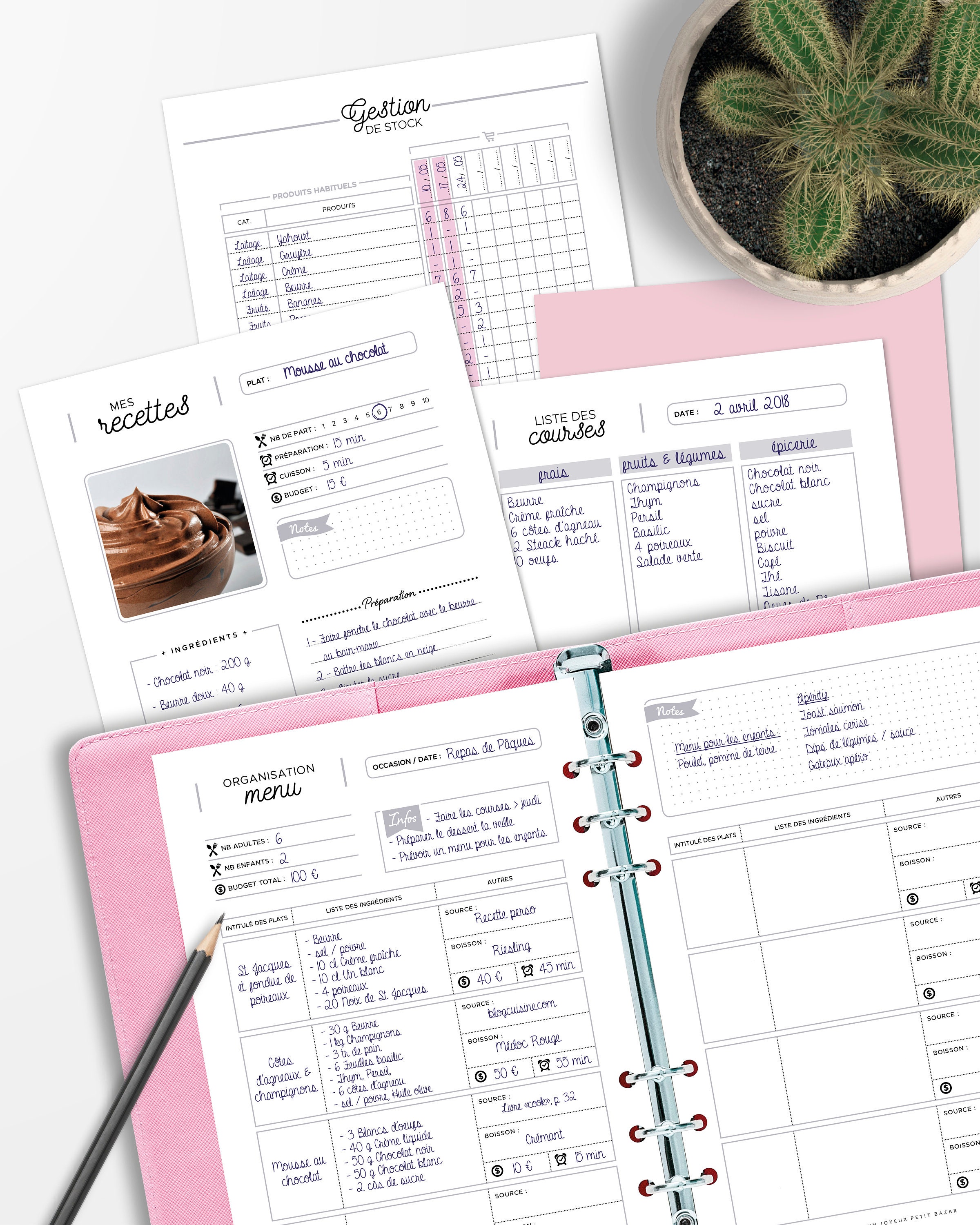 Planner menu imprimable pour gérer les planning repas, la liste courses ...
