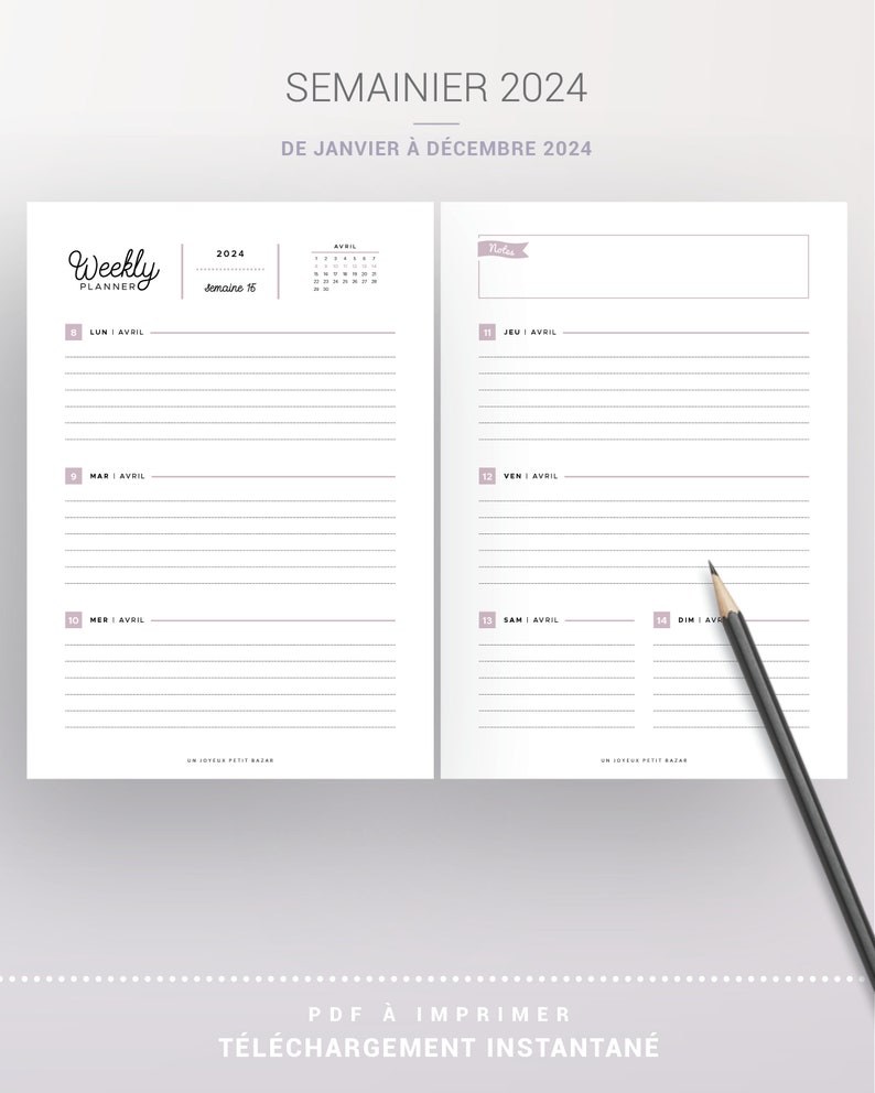 Agenda semainier 2024 à imprimer en français pour l'organisation de ...