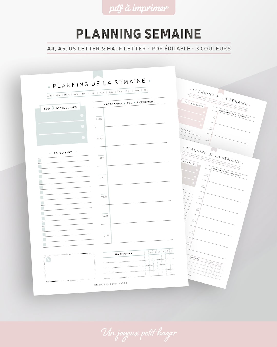 Planner semainier non daté à imprimer, PDF éditable pour recharge ...