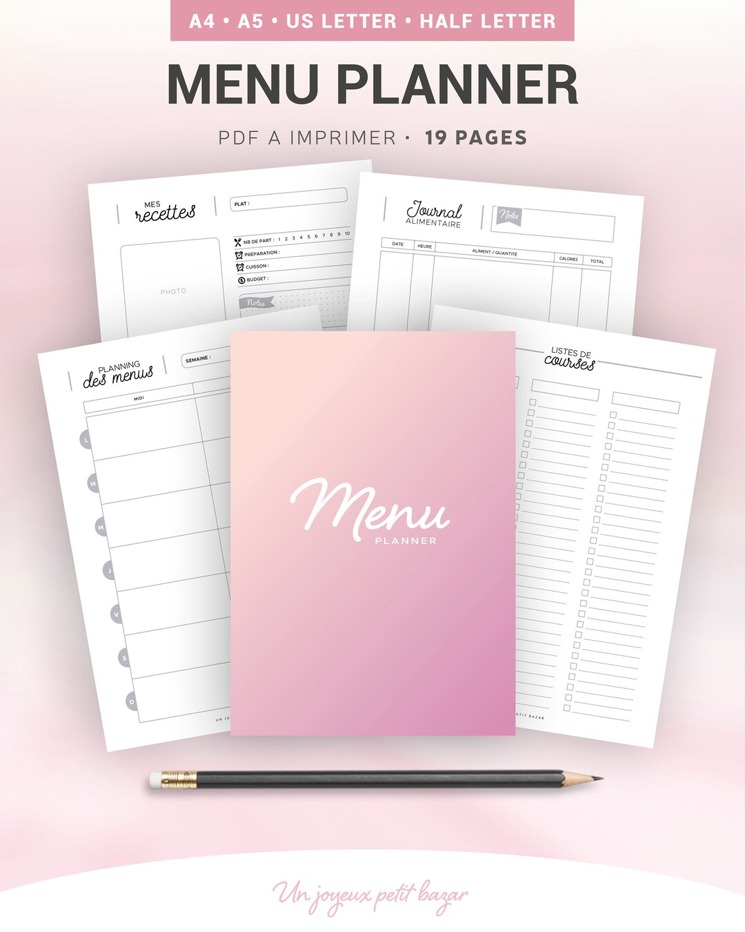 Planner menu imprimable pour gérer les planning repas, la liste courses ...