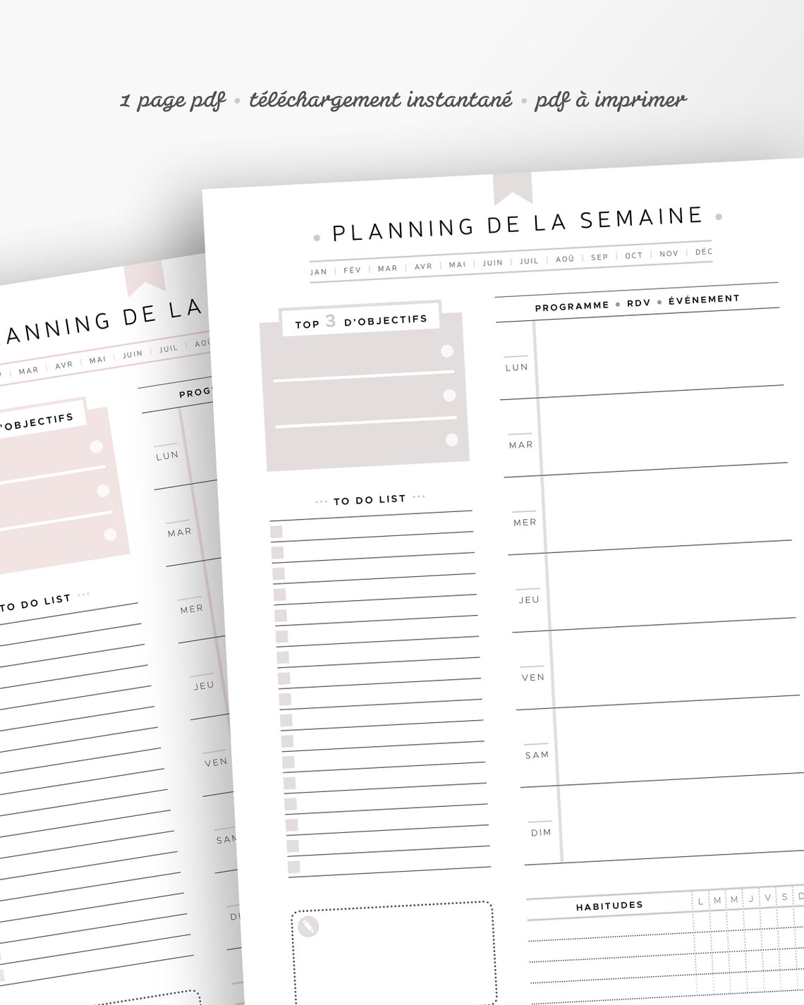 Planner semainier non daté à imprimer, PDF éditable pour recharge ...