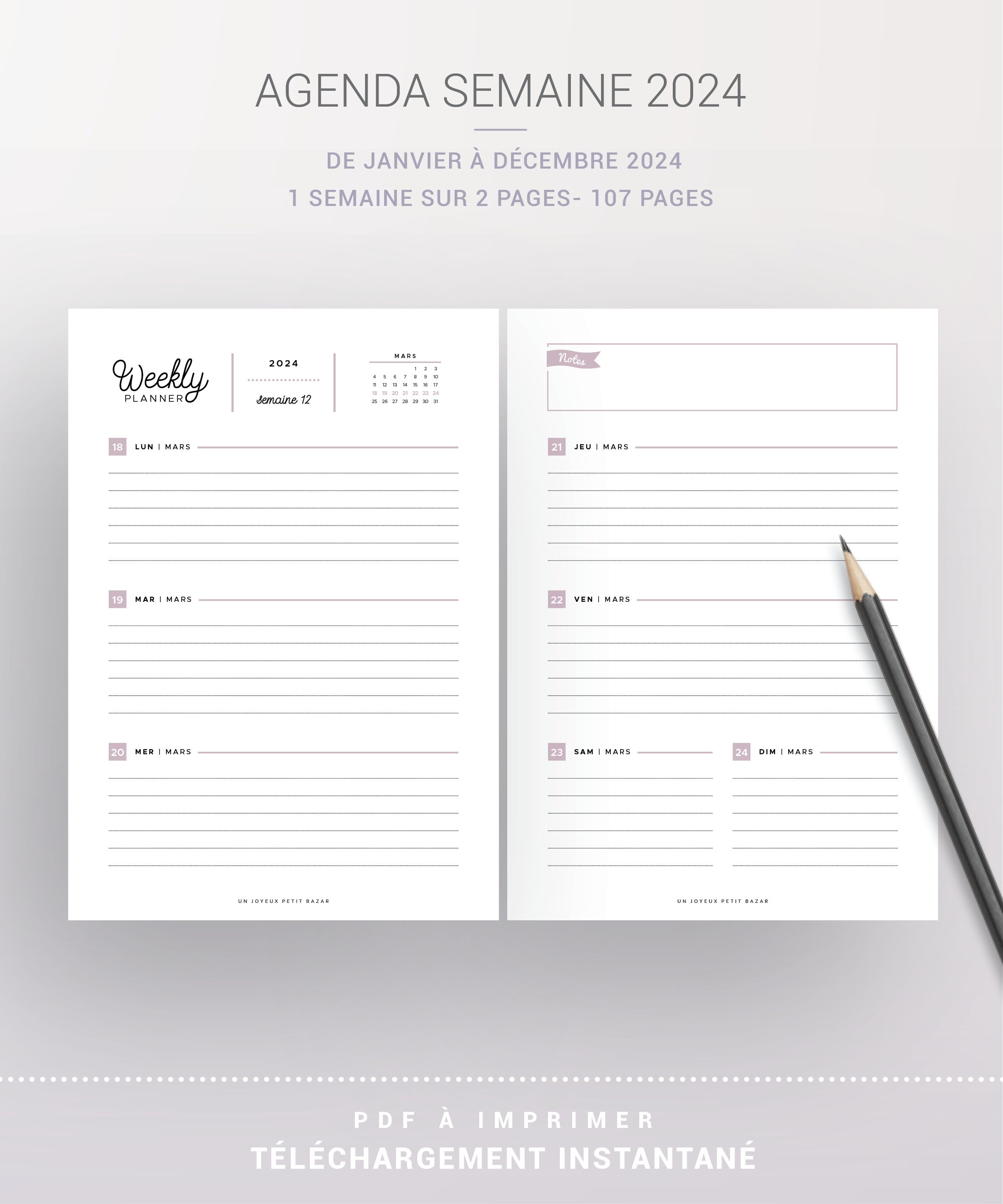 Kit agenda semainier 2024 à imprimer comprenant des calendriers annuel ...