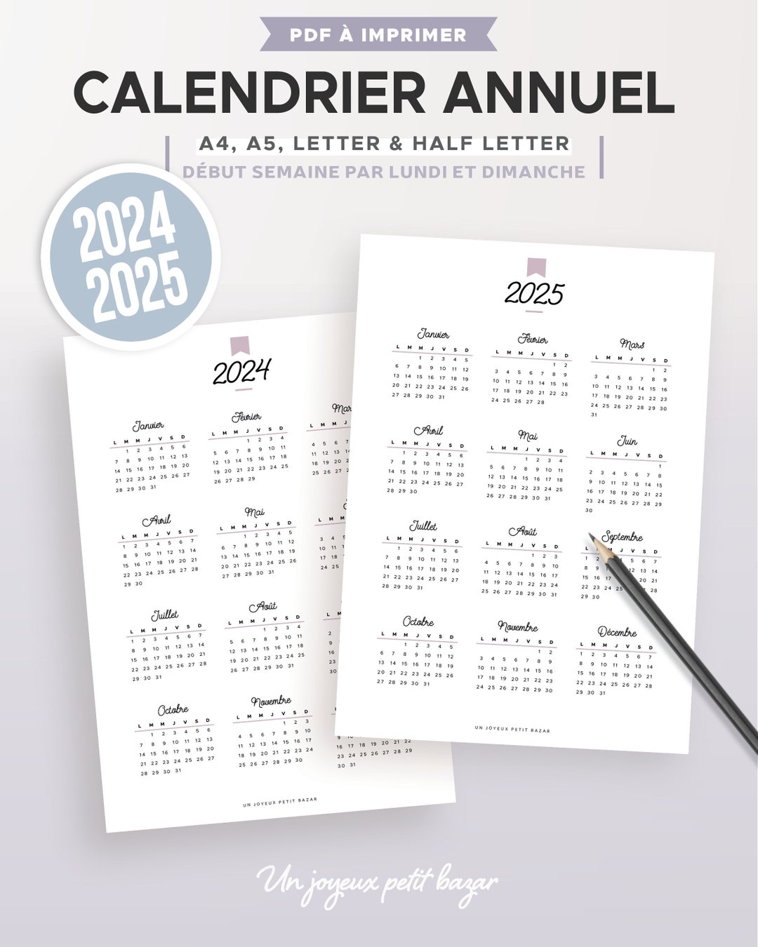 Printable 2024 and 2025 Annual Calendar, Refill to Print in French for ...