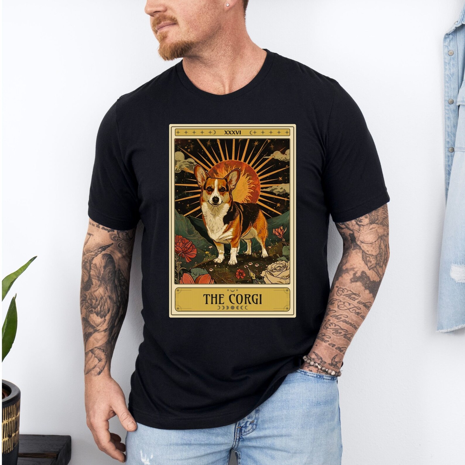 Corgi Tarot Card Shirt, Witchy Boho Aesthetic, Vintage Vibes, Sunburst ...