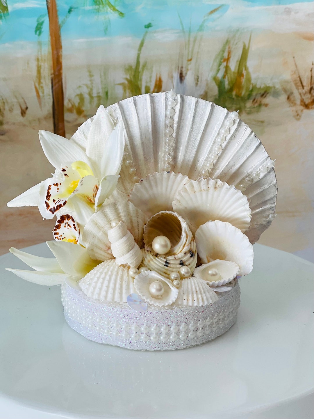 Wedding Cake Topper Shell and Flowers Cake Topper Anniversaries Beach ...